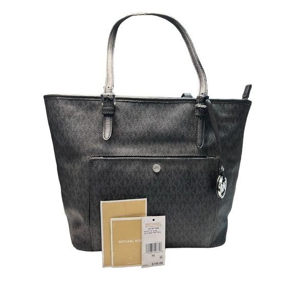 Michael Kors | Bags | Michael Kors Black Logo Canvas Jet Set Tote ...
